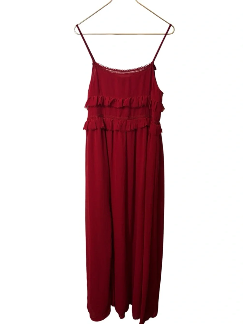 Mango | Dresses | Mango Burgundy Ruffle Maxi Dress With Crochet Yoke ...